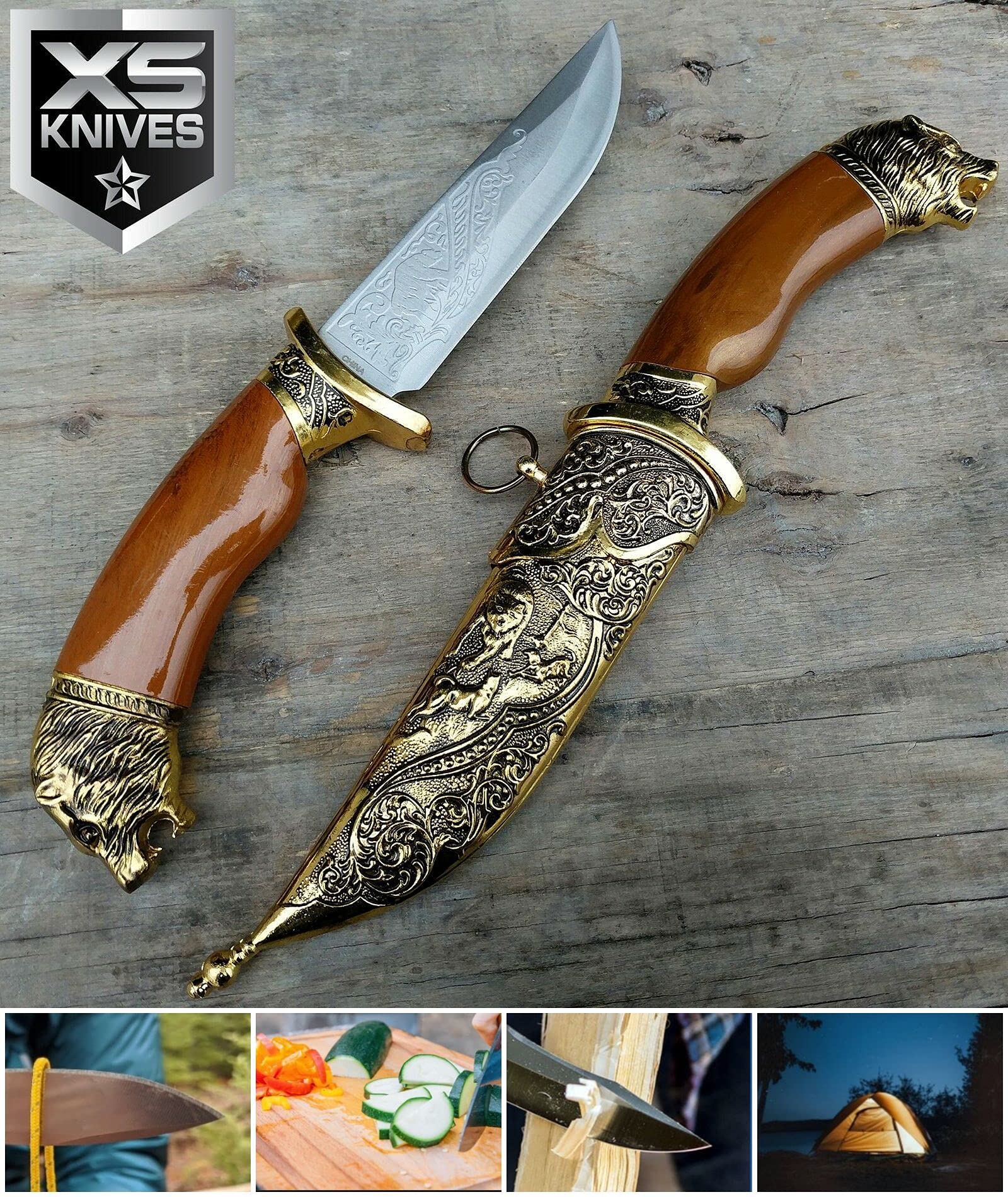 11" Bear Head Golden Fixed Blade Collectors Survival Hunting Knife W/Decorative Sheath by Survival Steel