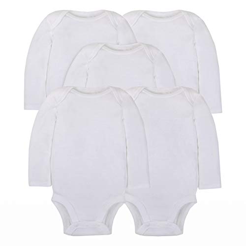 Lamaze Baby Super Combed Natural Cotton Long Sleeve Bodysuit, Snap Closure, 5 Pack, Plain White, 3 Months