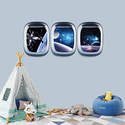 3D Space Capsule Window Wall Stickers Universe Outer Space Wall Decals,Peel and Stick Removable Astronaut Decal for Bedroom Living Room Kids Room Door Home Decor(Each pcs: 23" x 17")