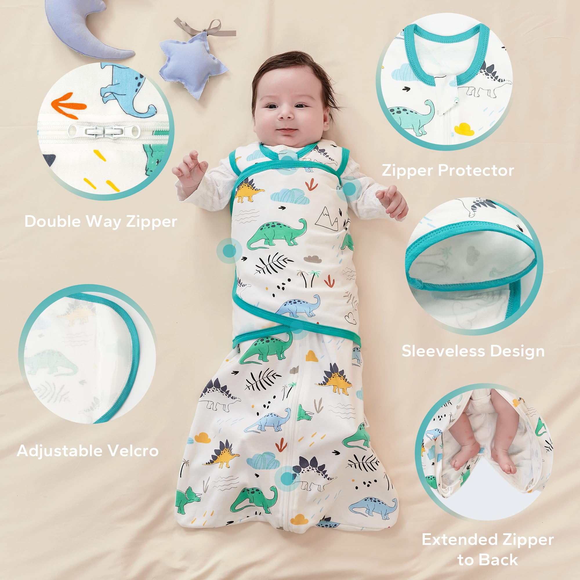 ZIGJOY Baby Swaddle Wearable Blanket 3-Way Adjustable 0.5 TOG Transtion Sleep Sack 100% Cotton for Newborn Infant Boy Girl 0-6 Months Jurassic
