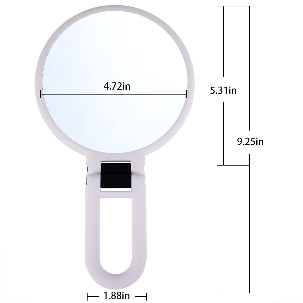LOTIKO 1x 10x Magnifying Handheld Mirror,Travel Folding Hand Held Mirror,Double Sided Pedestal Magnification and True Image Makeup Mirror, Portable Vanity Cosmetic Mirror for Women (White)