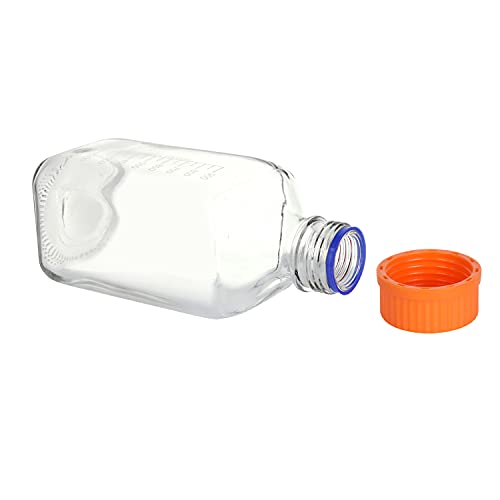 Pastein 4 Pack 1000 mL Graduated Square Reagent Media/Storage Glass Bottle With GL45 Orange Polypropylene Screw Cap