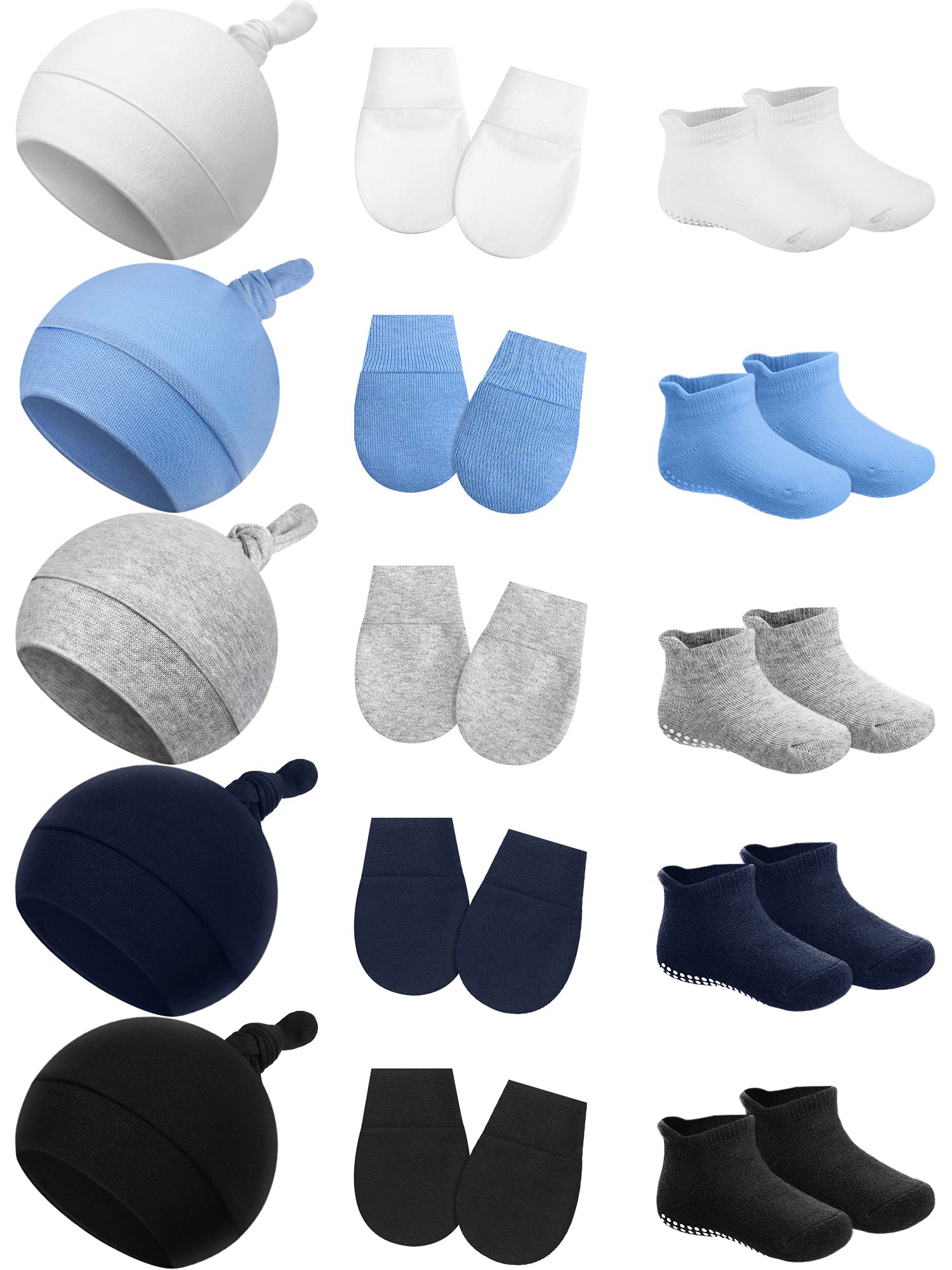 Baby Hats Newborn Knot Beanie No Scratch Mitten Non-Slip Sock for Boys and Girls (White, Gray, Black, Blue, Navy Blue,5 Sets)