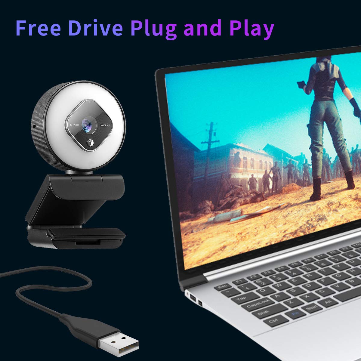 1080P Webcam with Ring Light and Dual Microphone, Advanced Auto-Focus, Adjustable Brightness, 2021 JETAKU Streaming Web Camera for Zoom Skype YouTube, PC Mac Laptop Desktop (Black)