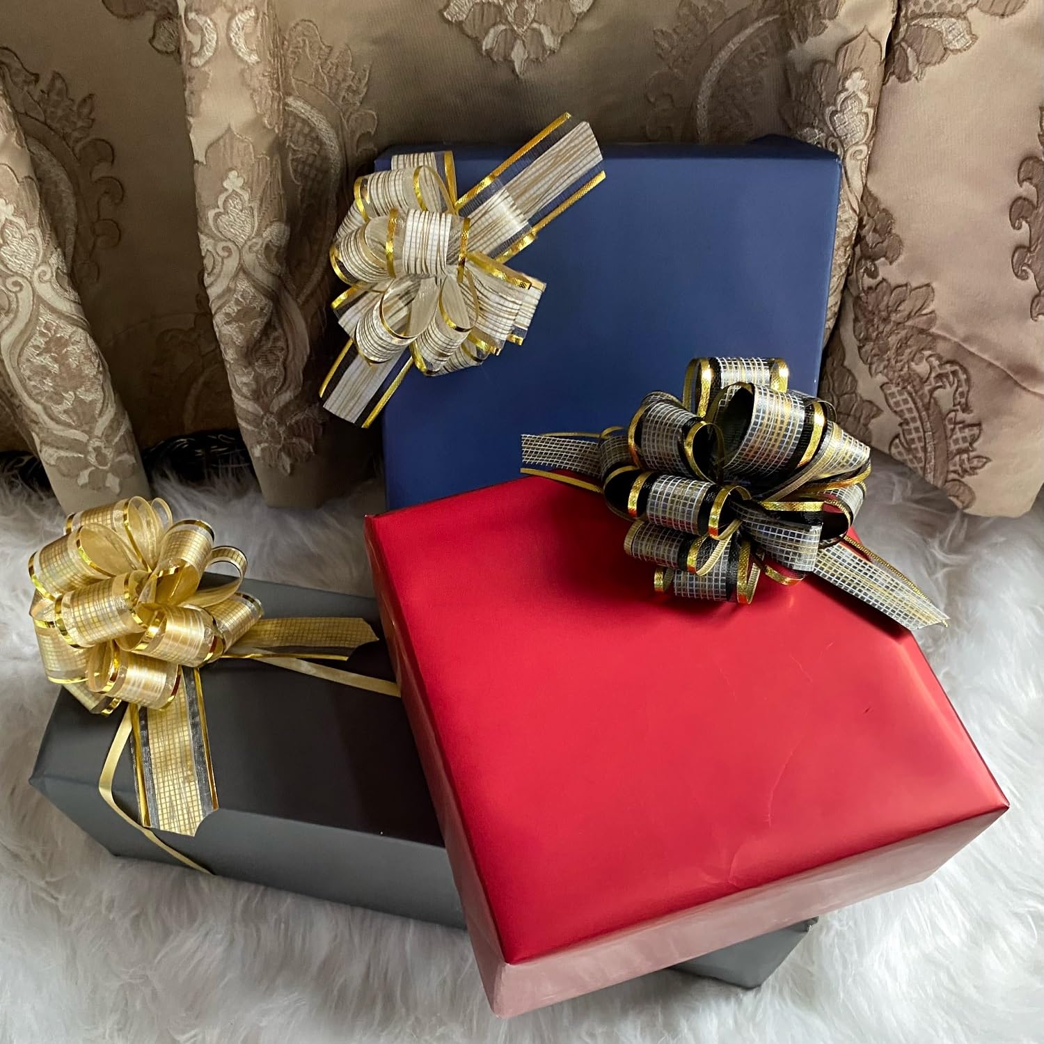 10PCS Gold Gift Bow for Gift Wrapping, 4 Inches Tree Bark Vein Grid Pattern Pull Bow, Flower Decoration for Christmas Presents and Basket, for Holiday Package Birthday(Gold)