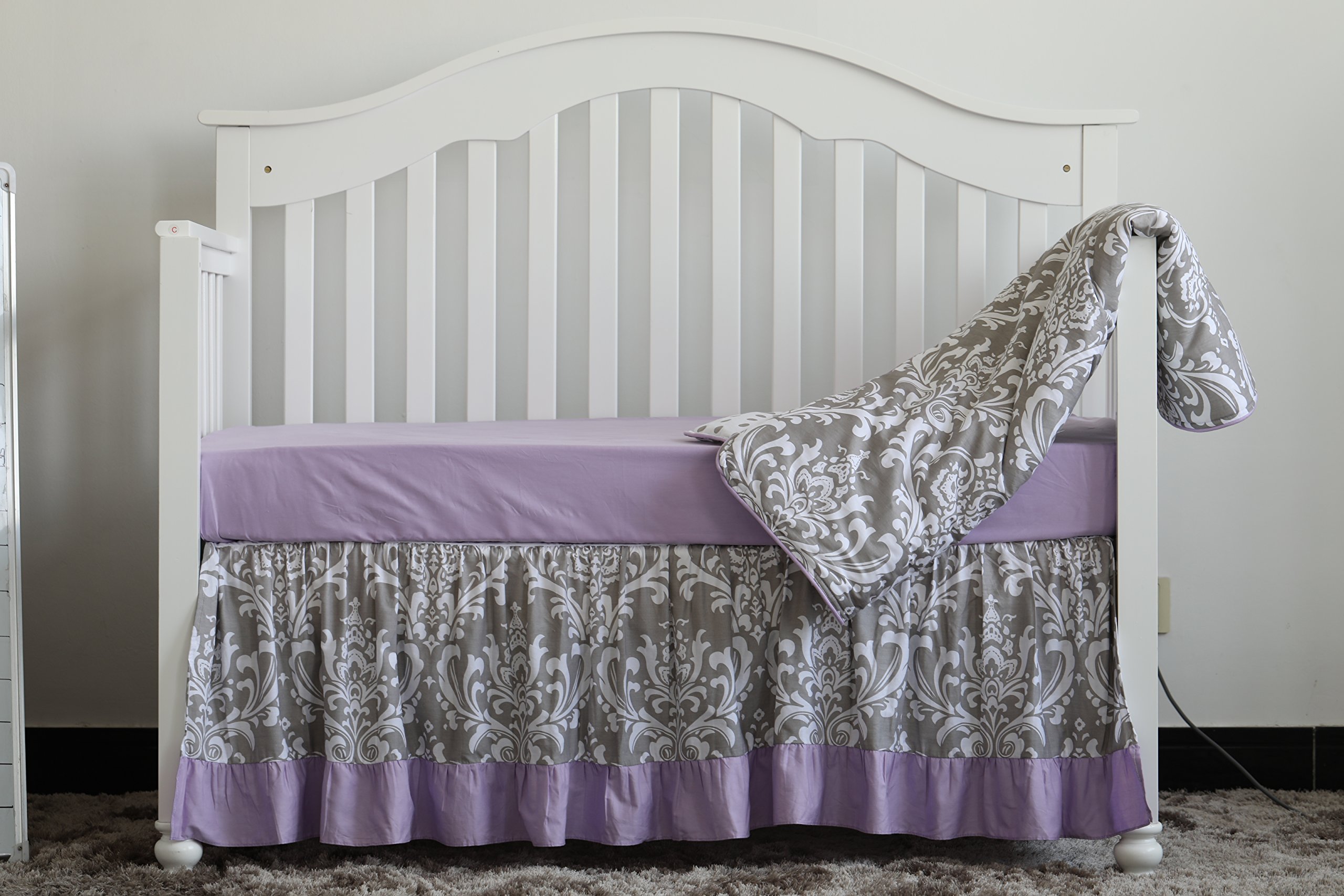 3 pcs Set Boho Floral Ruffle Baby Minky Blanket Baby Nursery Crib Skirt Set Baby Girl Crib Bedding (Grey Purple)