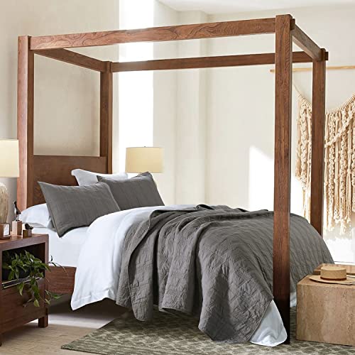 100% Cotton Quilt Set Queen Size, Grey Pre-washed 3-Piece Bedspread Coverlet Set, Cozy Lightweight Stitching Decorative Bedding Cover with 2 Shams in Geometric Pattern Rustic Style for All Season