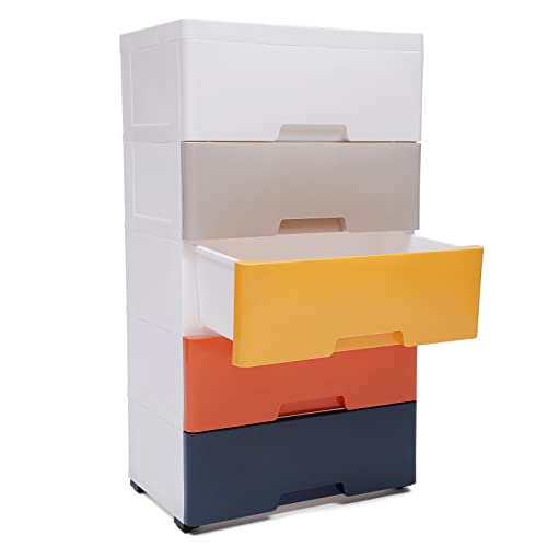 5 Drawer Plastic Drawers Dresser Storage Cabinet Stackable Vertical Clothes Storage Tower with 4 Wheels and Spare Wheel for Hallway Entryway(White, Gray, Yellow, Orange, Blue)
