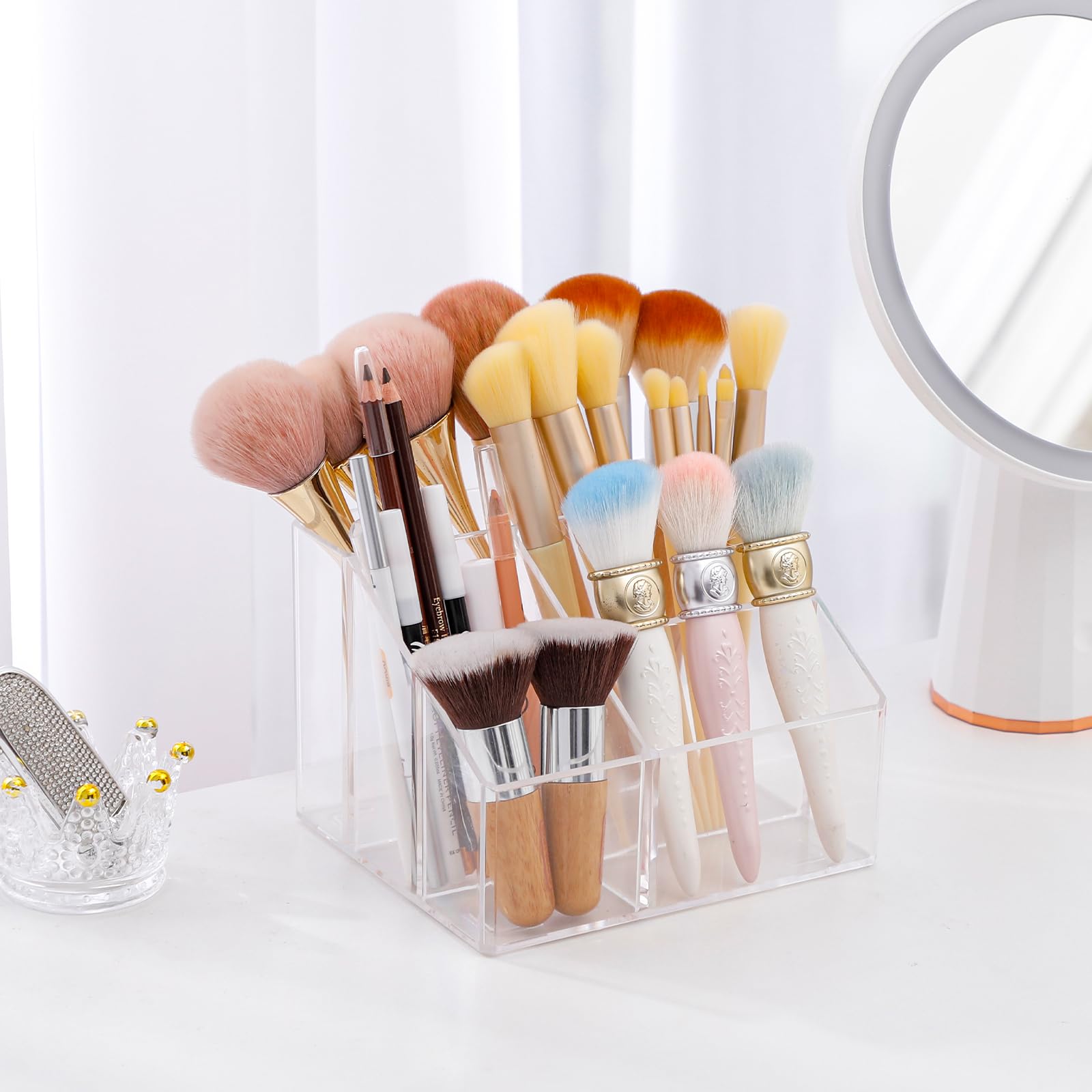Yesesion Clear Makeup Organizer with 5 Compartments, Plastic Bathroom Counter Storage for Skincare, Toothbrush, Cosmetics Brushes, Palette, Lipsticks, Hair Accessories Holder for Vanity Dresser