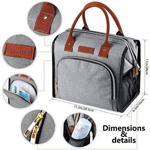 Homecube Lunch Bag Insulated Lunch Box Wide Open Lunch Tote Bag with Pockets Large Capacity Multi-Function for Women Men Light Grey