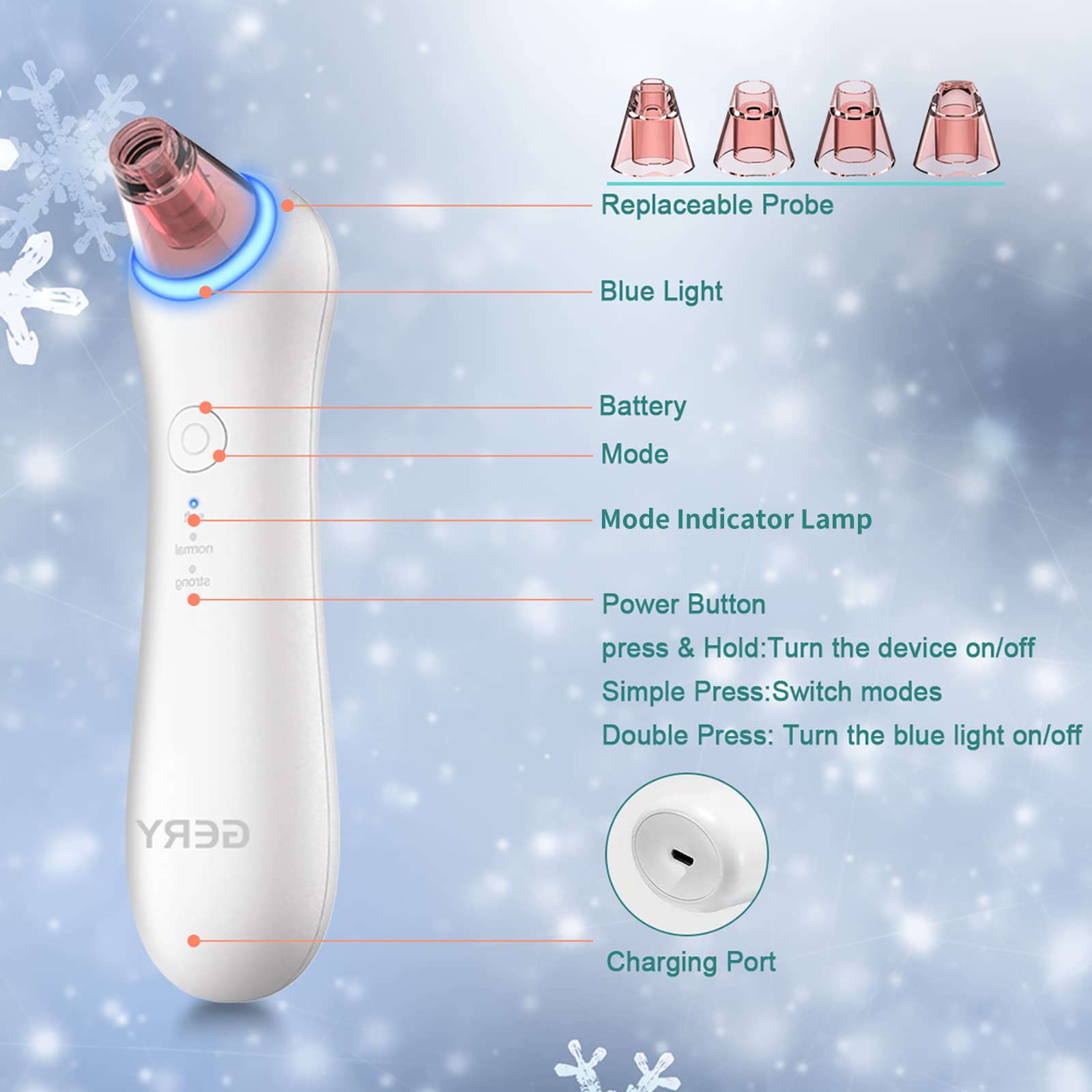 Blackhead Remover Pore Vacuum Extractor-2025 Upgrade GERY Blackhead Cleaner Electric Comedone Acne Extractor Kit Facial and Nose Peel Whitehead Black Head Removal Tool,Red&Blue Light, and 4 Porbes