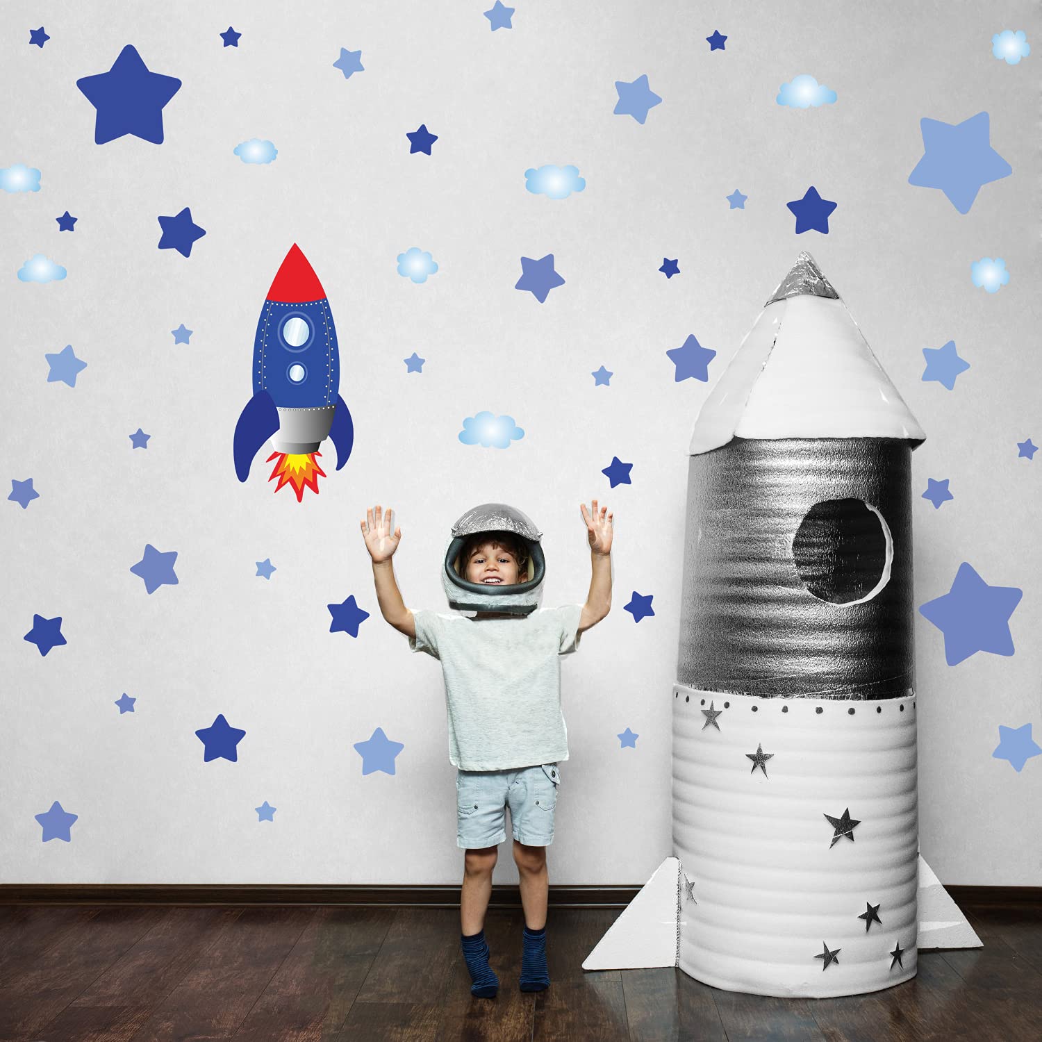 Large Rocket and Star Wall Decals, Outer Space Wall Stickers, Peel and Stick Removable Star Sticker, Art Decor for Kids Boys Bedroom Nursery Living Room,Playroom Classroom Decoration