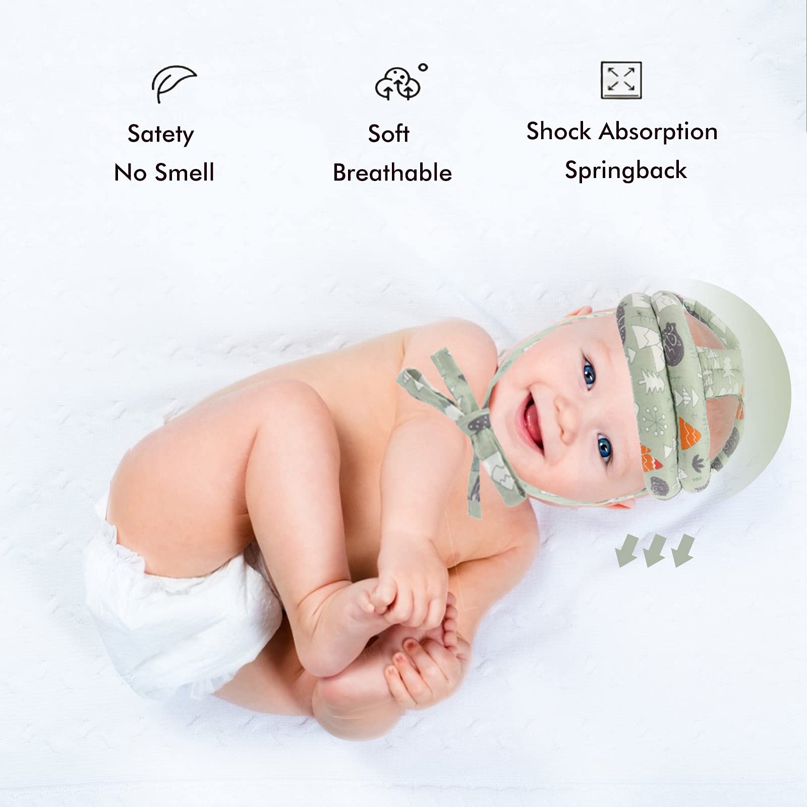 Baby Safety Helmet Infant Toddler Breathable and Adjustable Head Cushion Bumper Bonnet for Running Walking Crawling (Green),BB-1003 Green