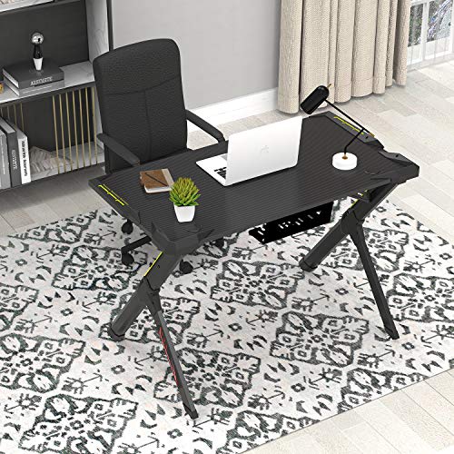 DESIGNA Gaming Desk with LED Lights, 44.8 inch Home Office Computer Desk with Free Mouse Pad, Ergonomic E-Sport Style Gamer Desk with USB Handle Rack, Cup Holder & Headphone Hook,Black