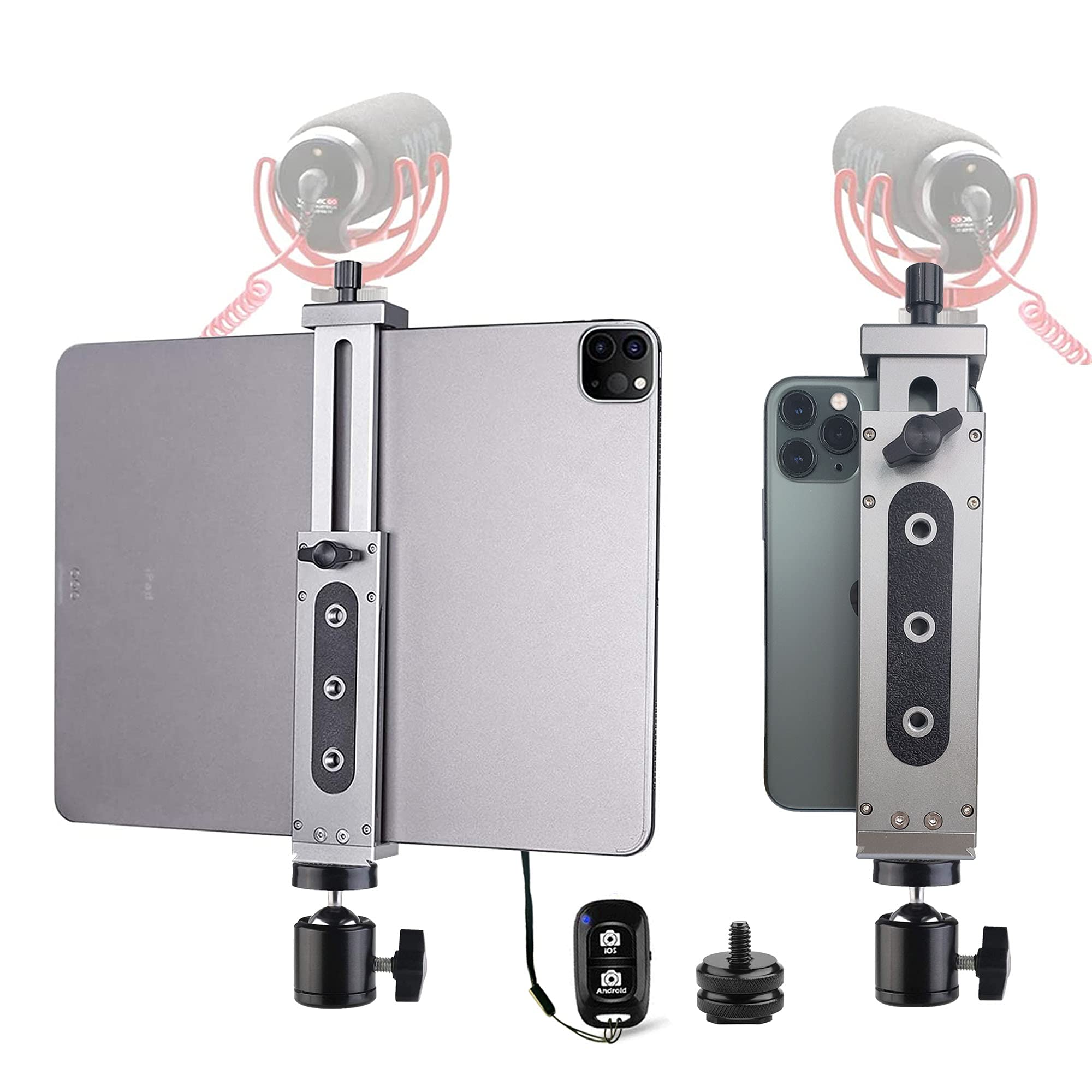 Aluminum IPad Pro Tripod Mount Adapter Holder With Cold Shoe Ball Head and Bluetooth Shutter for iPad Pro 12.9 11 10.5, iPad Air Mini, Surface Galaxy Tab, Video Recording 3.5 to 13.5" iPhone Tablet