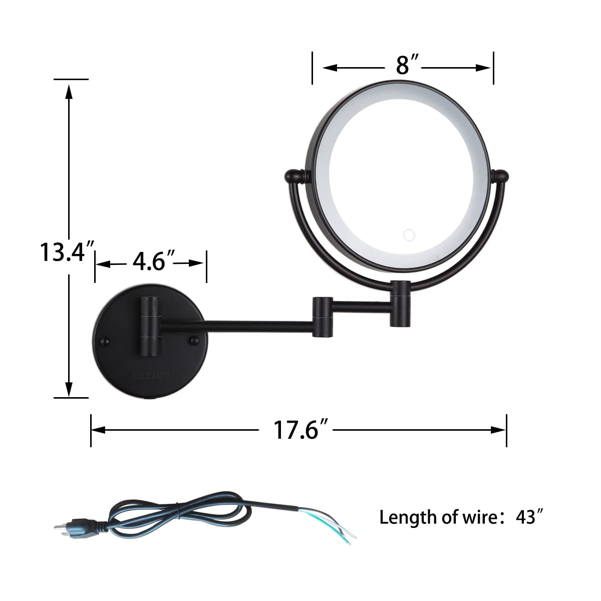 Wall Mounted Lighted Makeup Vanity Mirror 8 Inch Double Sided 1X 10X Magnifying Bathroom Mirror, Touch Screen Dimming, Extended Arm 360 Rotation Shaving Light up Mirror, Black