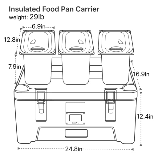 FORCOOK Top-Load Insulated Food Pan Carrier Food Warmer Box Hot Boxes for Catering Keep Food Hot Or Cold with Three Third-Size 18/8 Stainless Steel Leak-Proof Hotel Pans