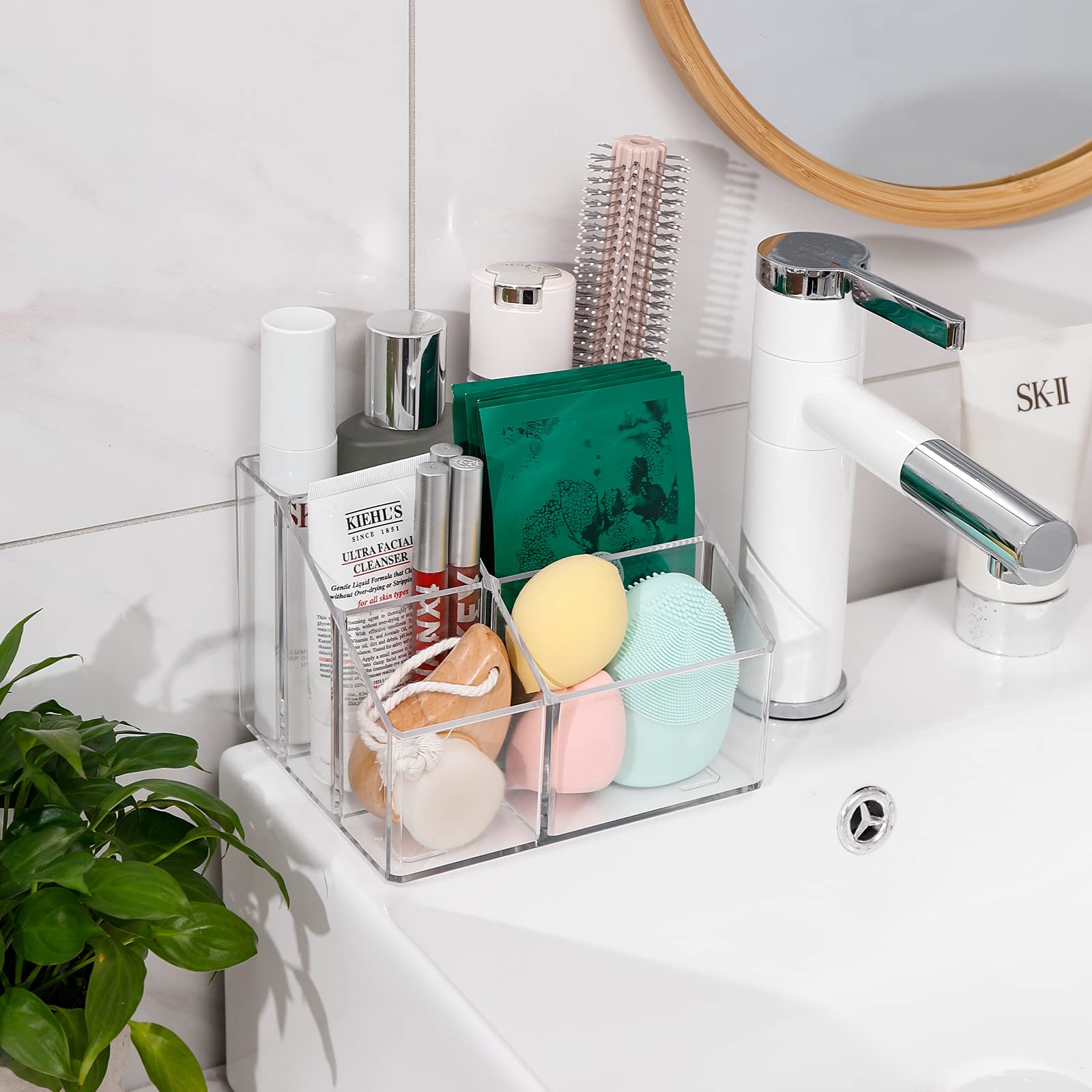 Yesesion Clear Makeup Organizer with 5 Compartments, Plastic Bathroom Counter Storage for Skincare, Toothbrush, Cosmetics Brushes, Palette, Lipsticks, Hair Accessories Holder for Vanity Dresser