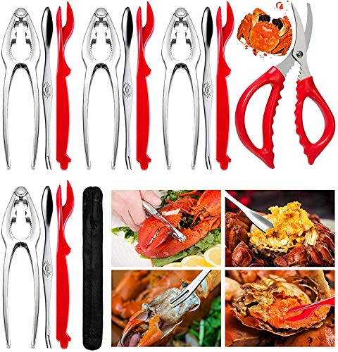 14-piece Seafood Tools Set includes 4 Crab Crackers, 4 Lobster Shell knife, 4 Crab Leg Forks, Seafood Scissors & Storage Bag - Nut Cracker Set