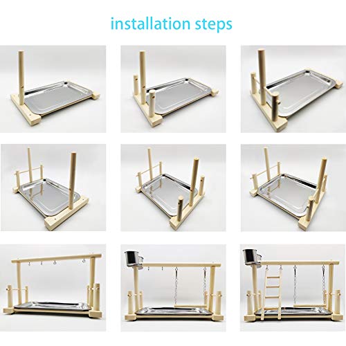 Bird Perch Parrot playstand Wood Perch Gym Cockatiel Swing Ladder with Feeder Cups Toys 14.1in×9.8in×9in