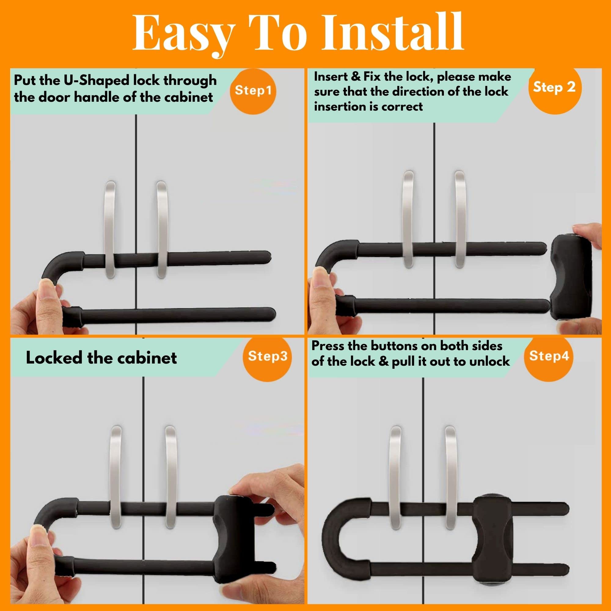 10 Pieces Sliding Cabinet Locks, U-Shaped Baby Proofing with Adjustable Kids Safety Lock, Secure and Easy to Use Childproof Latches for Handles Knobs Kitchen Storage Drawers Cupboard Fridge, Black