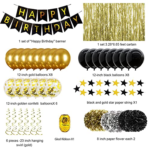 Birthday Decorations for Men,Black And Gold Party Decorations Boys Happy Birthday Decorations with Banner Birthday Party Supplies
