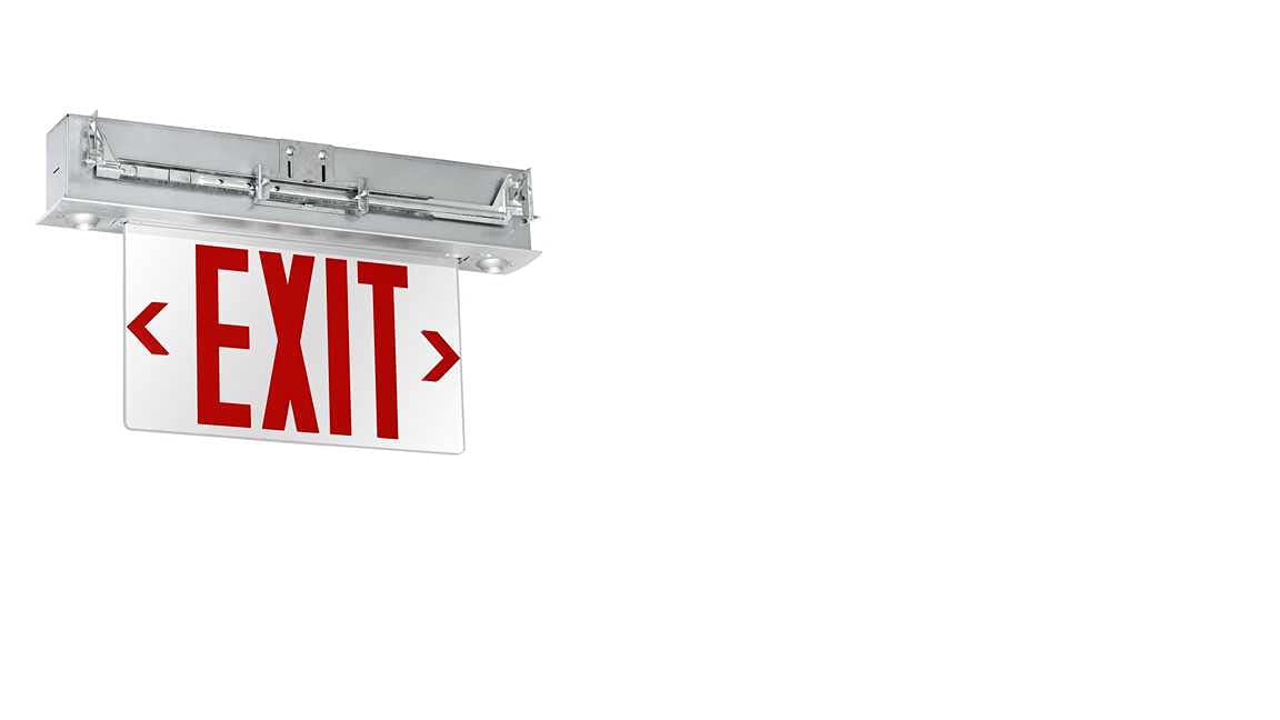 LB91610 Recessed Edge-Lit Red Exit Sign, 120-277V Double Face LED Combo Emergency Light with Adjustable Two Head and Backup Battery, NYC Approved 8” Lettering, UL Certified