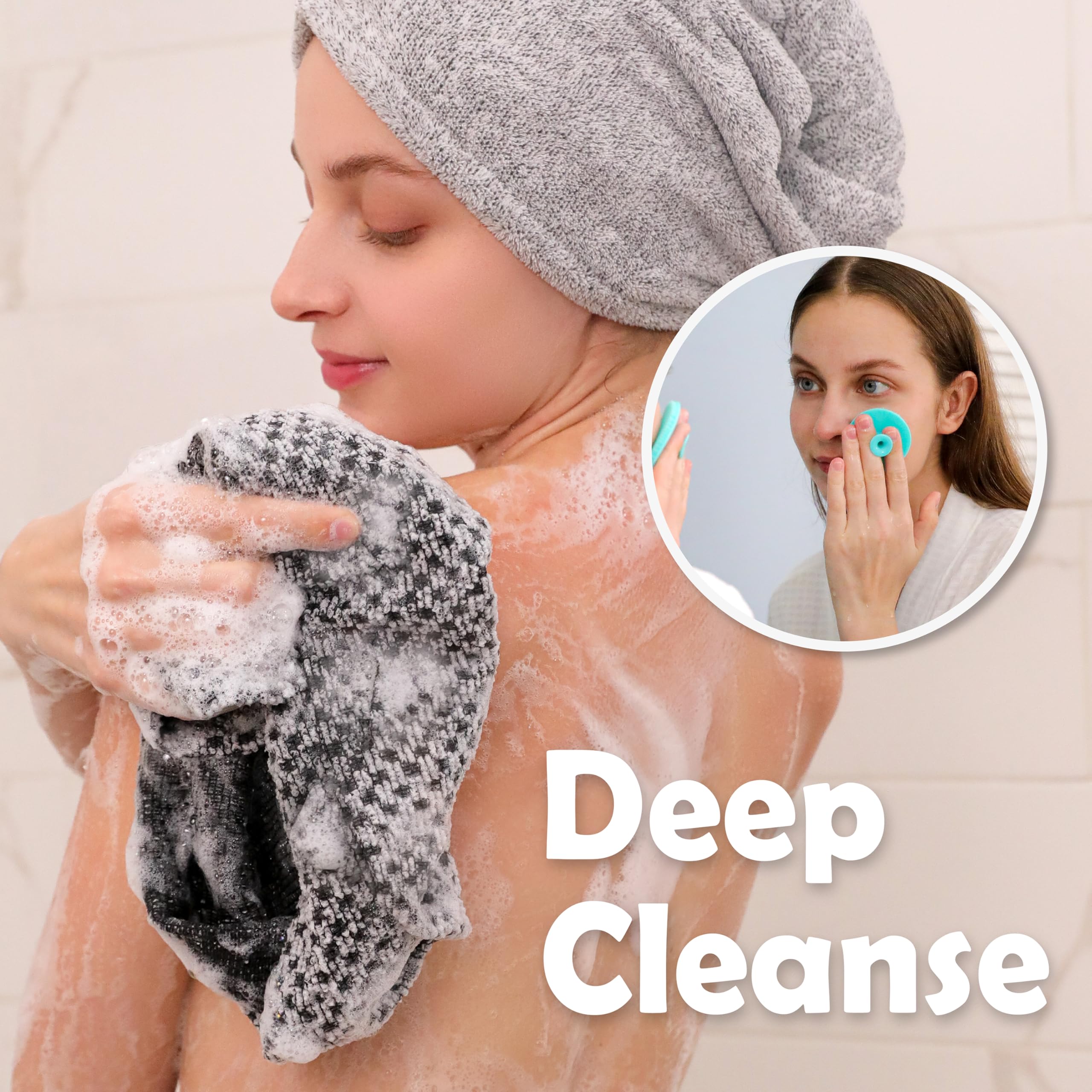 myHomeBody Extra Long Exfoliating Washcloth, Exfoliating Body Scrubber, Exfoliating Towel, 3D Texture Obsidian and Raisin Dots, Set of 2 with Silicone Facial Brush