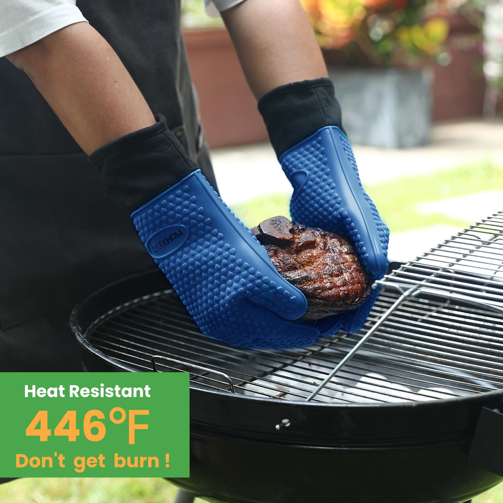 GEEKHOM Royal Blue BBQ Gloves, Heat Resistant Silicone Oven Mitts, Long Waterproof Non-Slip Pot Holder for Grilling, Cooking, Baking