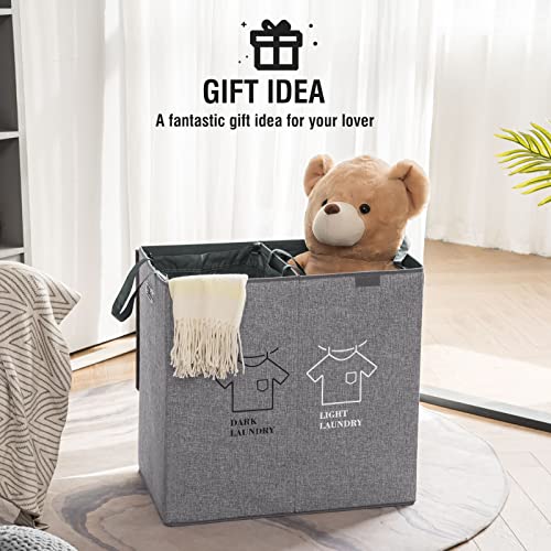 TECHMILLY Double Laundry Hamper with Lid, 140L Large Foldable Dirty Cloth Basket 2 Section with Removable Liners, Tall Divided Laundry Baskets with Handles for Bedroom, Closet, Bathroom - Grey