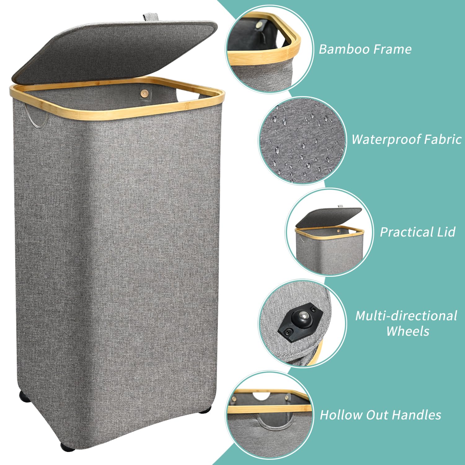 100L Rolling Laundry Basket with Wheels and Handle, Laundry Hamper with Lid and Removable Bag, Foldable Laundry Hamper on Wheels, Large Tall Laundry Basket for Bedroom, Bathroom, Laundry Room(Grey)