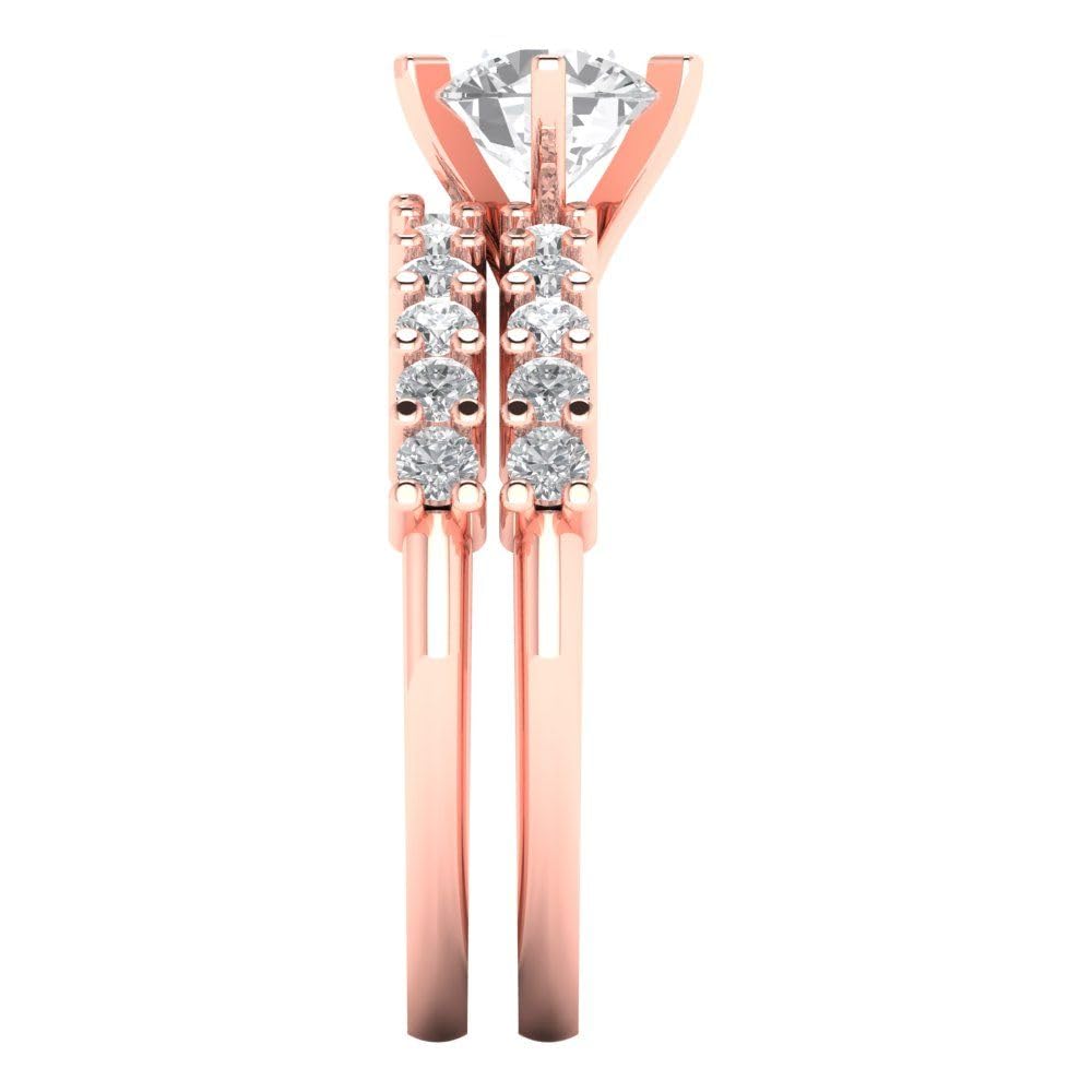 1.66 ct Round Cut Clear Simulated Diamond 14k Rose Gold Solitaire W/Accents Wedding Engagement Bridal Ring Band Set Sz 7