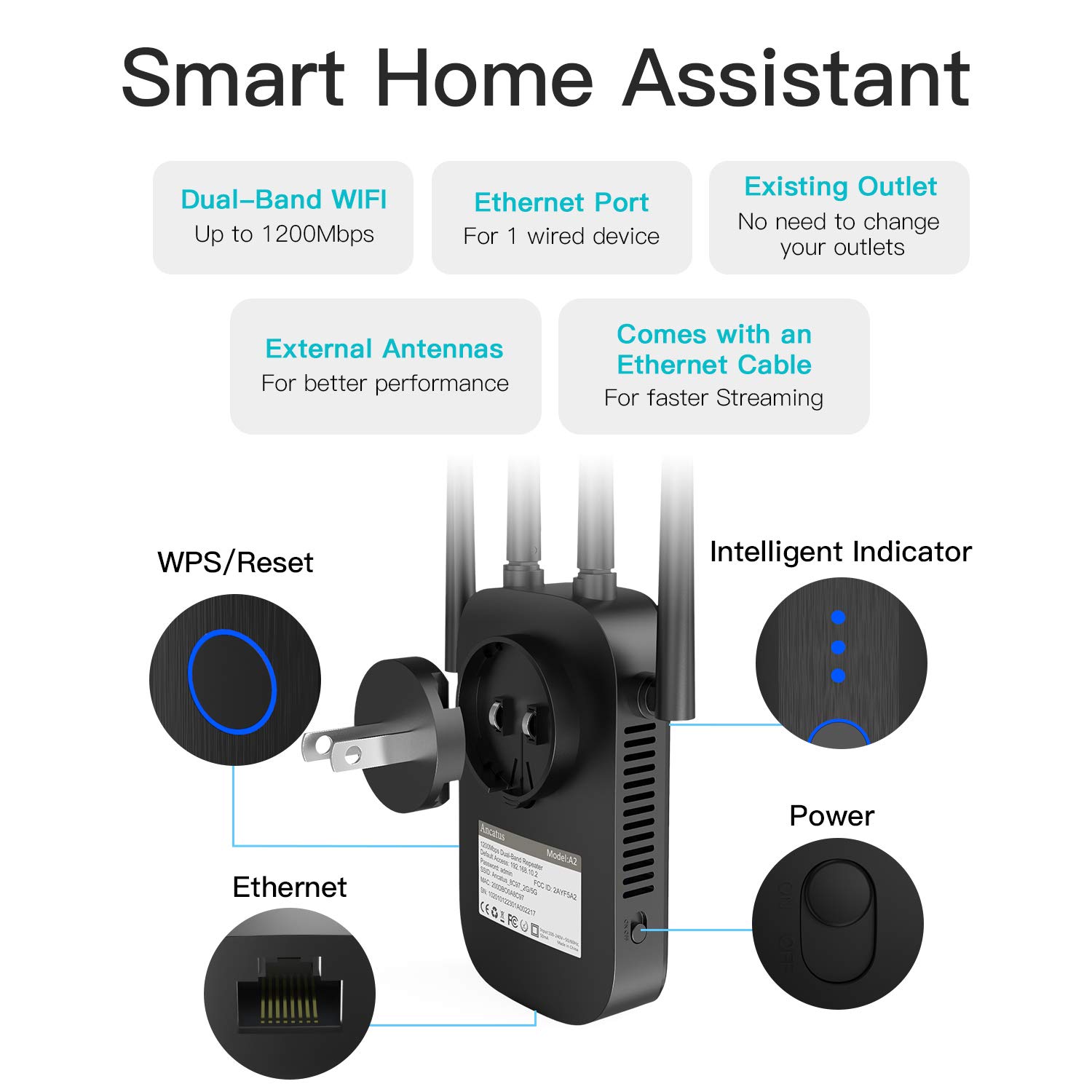 Ancatus-WiFi Extender AC1200, Supports WPS, Covers up to 1200 sq.ft. and 25 Devices, 1200Mbps Dual Band WiFi Booster with External Antennas, WiFi Repeater, Repetidor de Señal, Wall Plug Design(A2)