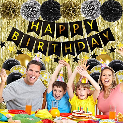 Birthday Decorations for Men,Black And Gold Party Decorations Boys Happy Birthday Decorations with Banner Birthday Party Supplies