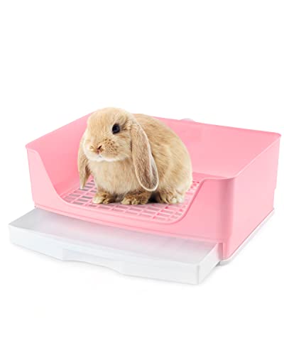 Baffect Rabbit Litter Box, Plastic Bunny Toilet Box with Removable Tray, Guinea Pig Corner Litter Cage for Small Adult Pet (Pink)