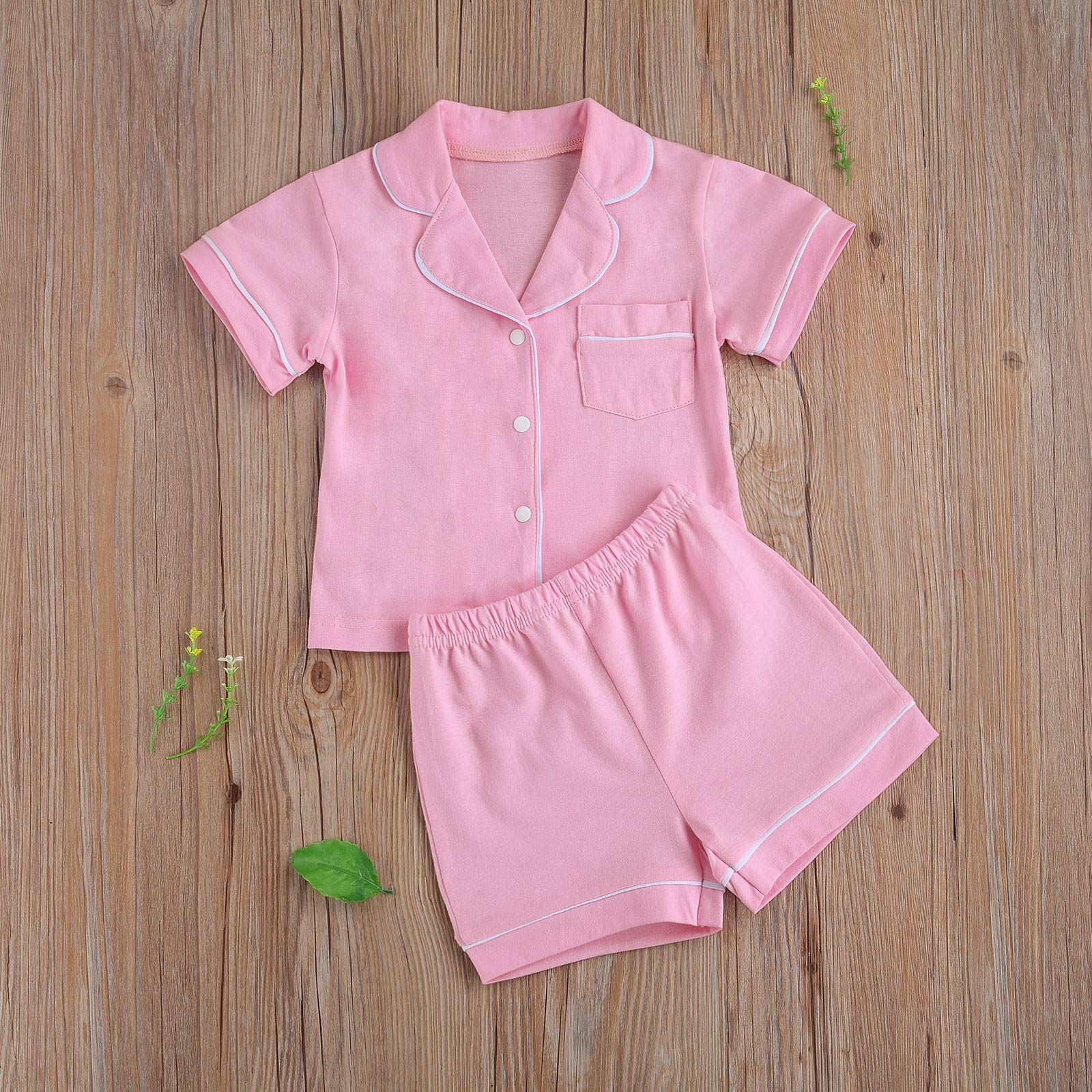 BULINGNA Kids Toddler Baby Girl Summer Two Piece Pajamas Set Short Sleeve Button Down Top with Shorts Pink