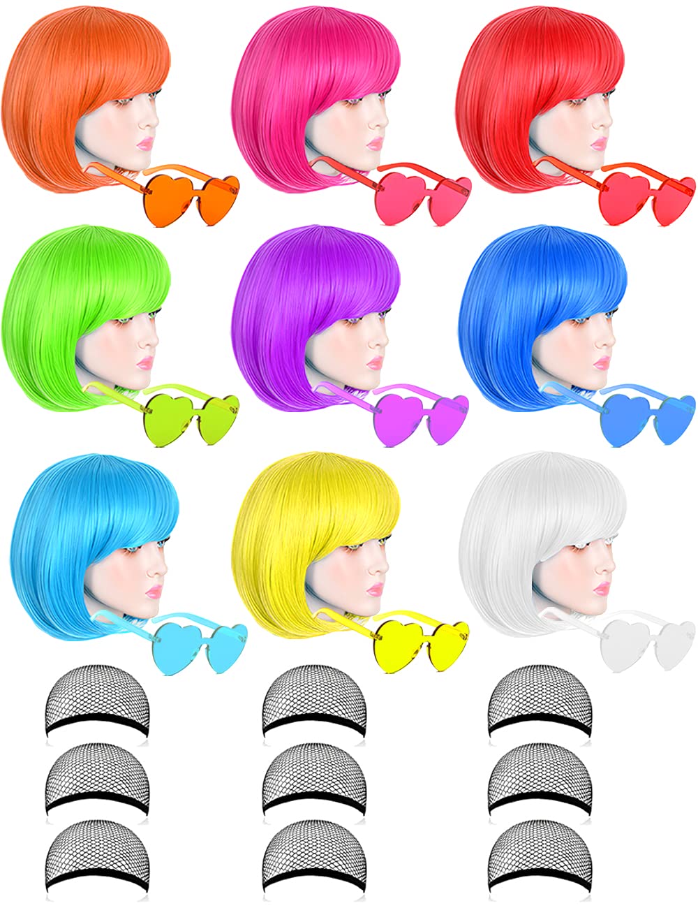 9 Pack Colored Wigs, Funky Colorful Wigs, Short Bob Hair Wigs, Neon Party Wigs, Cosplay Wigs with Rimless Heart Shape Sunglasses - One Size for All Women Kids & Adults Halloween Costume Night Club