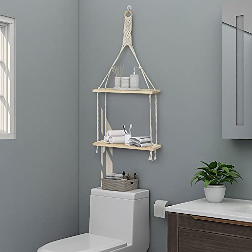 Afuly Macrame Hanging Shelves Wall Floating Shelf Natural Wood Chic Boho Decor 2 Tiers Pine Wood Cotton Rope Beige for Bedroom Bathroom Living Room Decor Ready to Hang, Beige
