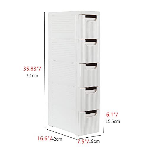 5 Storage Drawer Rolling Cart Organizer and Storage,Plastic Unit on Wheels Narrow Slim Bathroom Storage Cabinet Organizer (5-Tire)