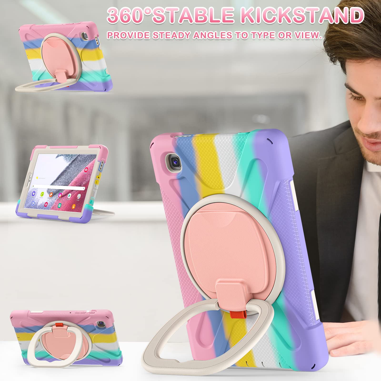 BATYUE Case for Samsung Galaxy Tab A7 Lite;Galaxy Tab A7 Lite Case 8.7 inch 2021 Released( SM-T220/SM-T225)Protective Case for Kids with Pencil Holder,360° Swivel Stand,Shoulder Strap - Colourful Pink