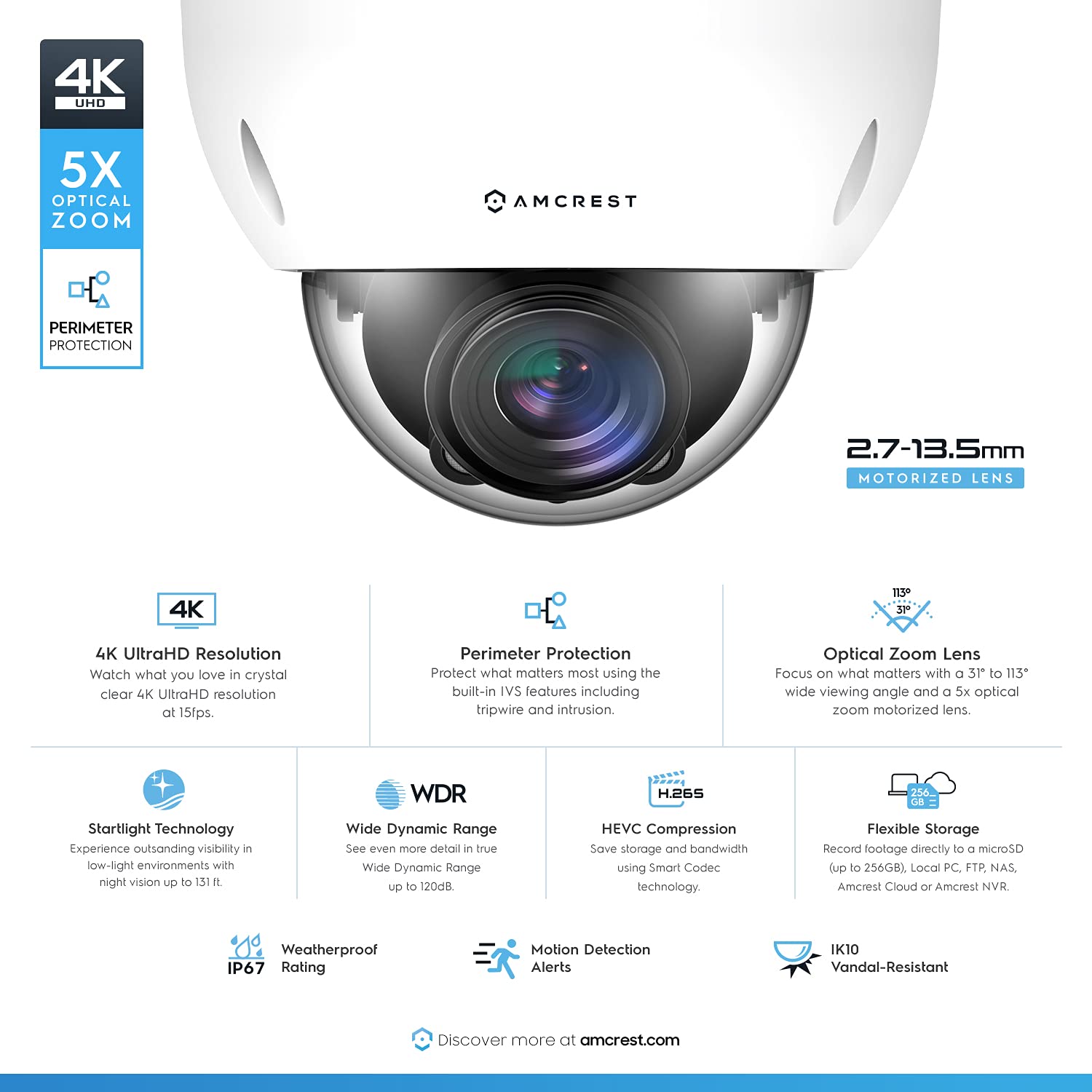 Amcrest 4K Optical Zoom IP Camera, Varifocal 8MP Outdoor POE Camera Dome, Security Camera, 2.7mm~13.5mm Lens, IP67 Weatherproof, IK10 Vandal Resistant, MicroSD Recording (IP8M-VD2793EW)