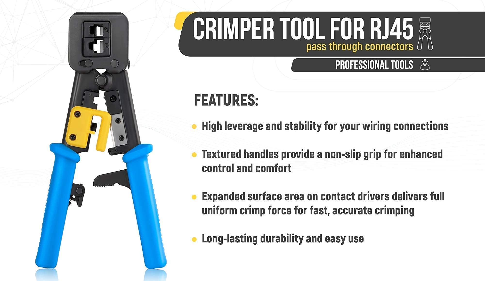 Bundle – 2 items: RJ45 Crimp Tool + 200 Pack of Cat5e Pass Through Connectors.