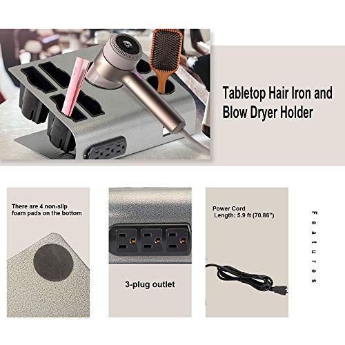 PENNYNANA Large 8-Hole Salon Desktop Hair Iron & Blow Dryer Holder,Hair Tool Organizer Barber Organizer w/ 3-Plug Outlet,Metallic…
