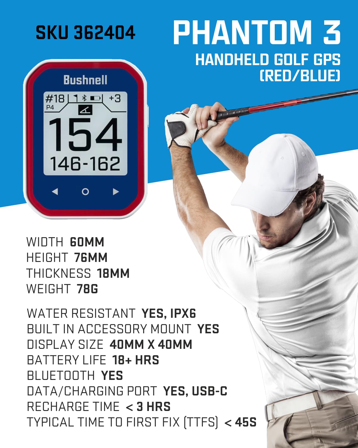 Bushnell Phantom 3 GPS Rangefinder Blue with BITE Magnetic Mount and GreenView with Wearable4U Lens Cleaning Cloth Bundle