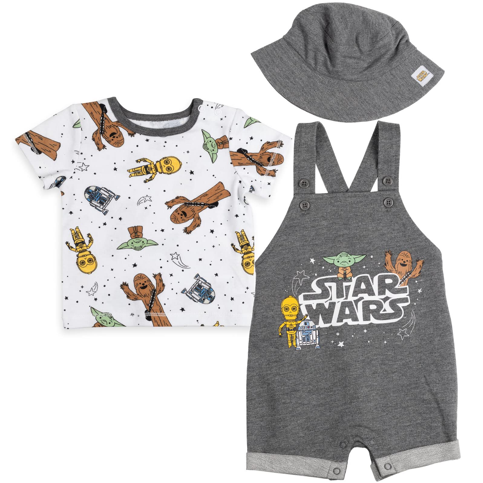 STAR WARS R2-D2 Yoda Chewbacca Newborn Baby Boys Short Overalls Graphic T-Shirt and Hat 3 Piece Outfit Set Grey 3-6 Months