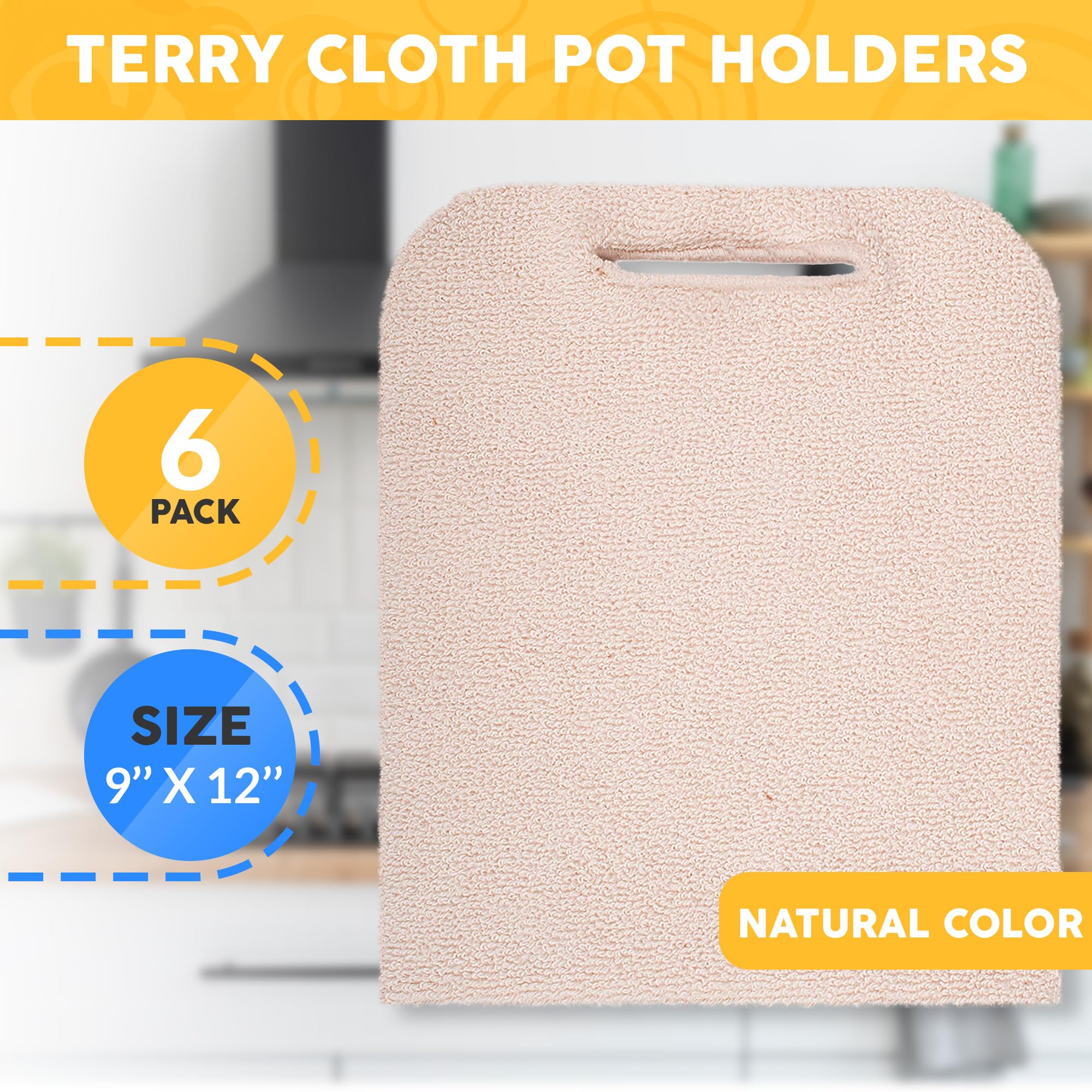 ABC Terry Cloth Pot Holders for Kitchen 9 x 12 Inch. Pack of 6 Natural Color Hot Pads for Kitchen. Washable Pot Holder with Hand Hole. Thick Cotton 460 F Heat Resistant Pot Holders