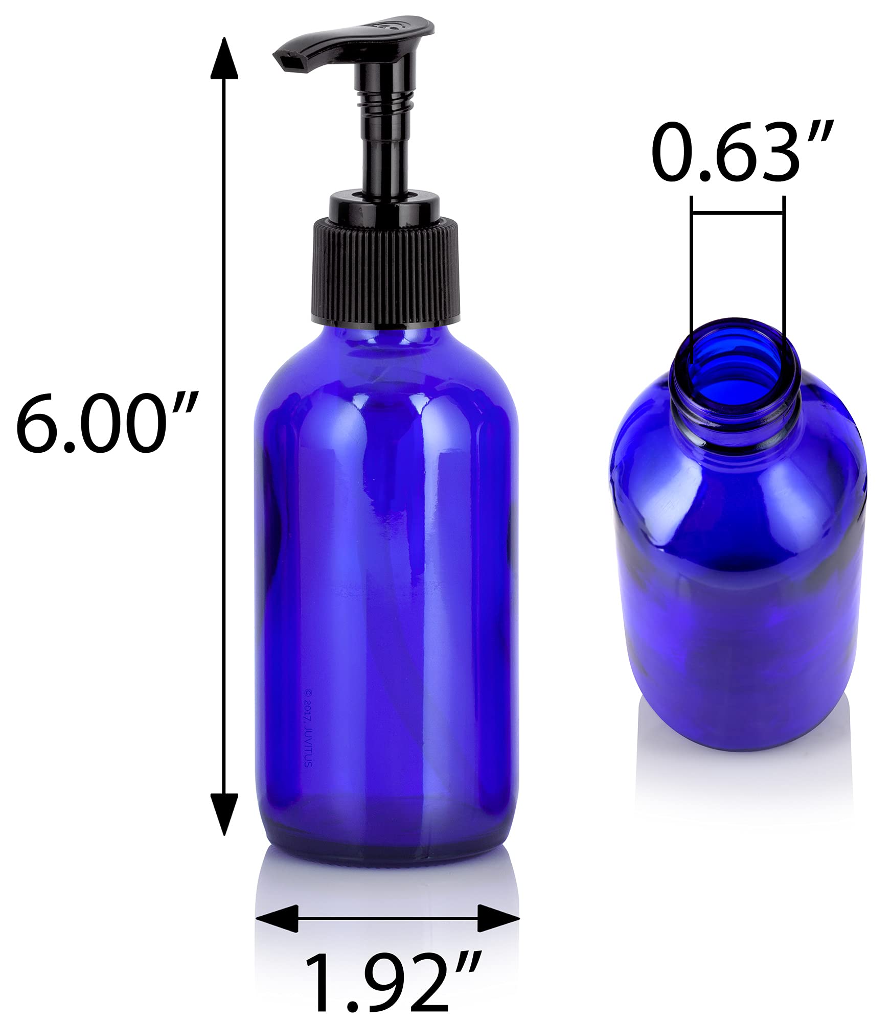4 oz Cobalt Blue Glass Boston Round Bottle with Black Lotion Pump (12 Pack) + Funnel
