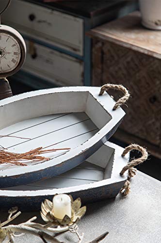 Distressed White Nesting Wood Serving Tray for Eating with Rope Handles,Set of 2 Farmhouse Handwork Boat Shaped Large Decoration Serving Trays for Party Kitchen Counter, Dining Room Coffee Table
