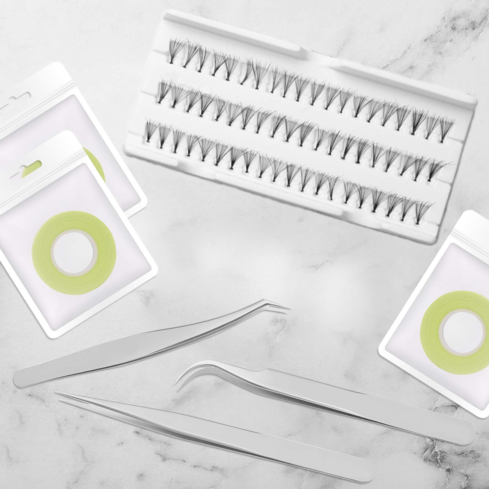 3 Rolls Eyelash Extension Tape with Tweezers, SourceTon Micropore Fabric Tape Roll 0.5 Inch 10 Yards (Green) with 3 PCS Straight Pointed and Curved Tweezers (Silver)