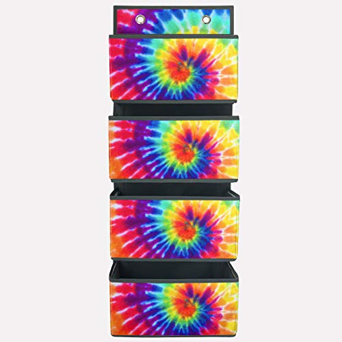 UZZUHI Tie Dye Over The Door Closet Organizer, Wall Hanging Storage Bags 4 Pockets for Bedroom & Bathroom Colorful Abstract Rainbow Swirl Pattern